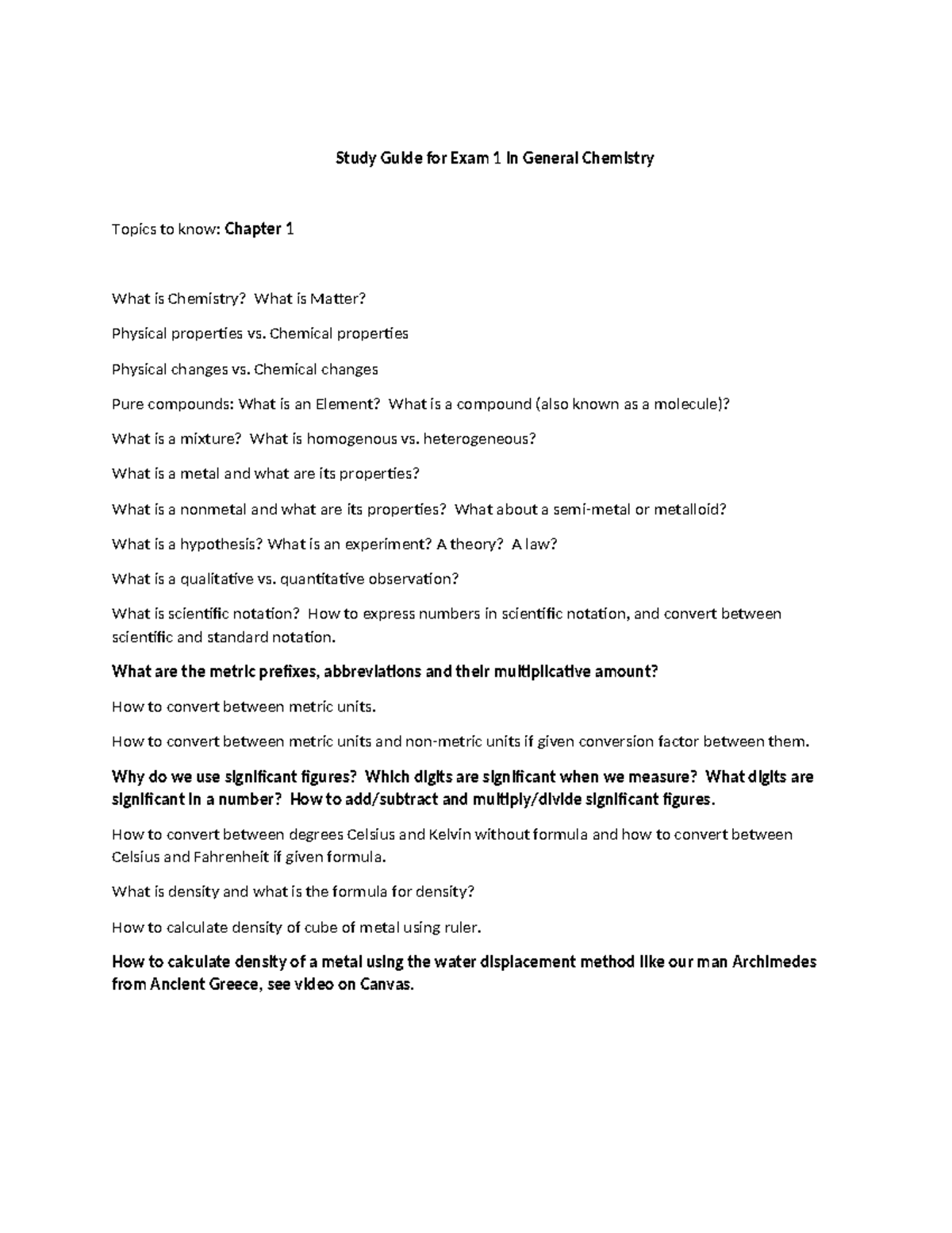 General Chemistry Study Guide for Exam 1: Chapters 1 & 2 Concepts ...