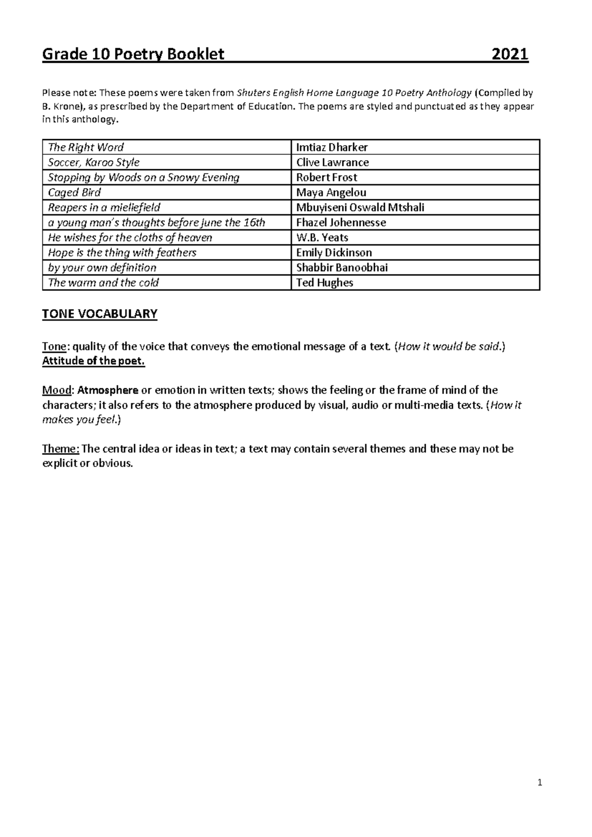 Grade 10 Poetry Anthology Study Guide 2021 - Studocu