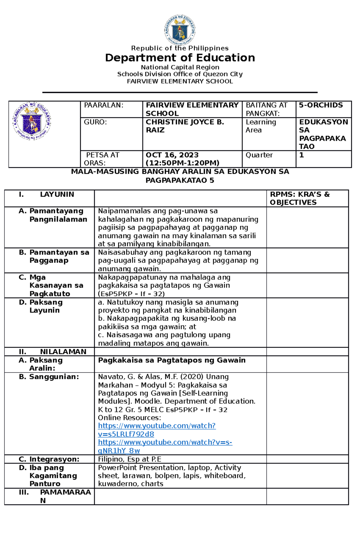 COT1 DLP EsP Grade 5 Quarter 1 Lesson Plan on Collaboration - Studocu