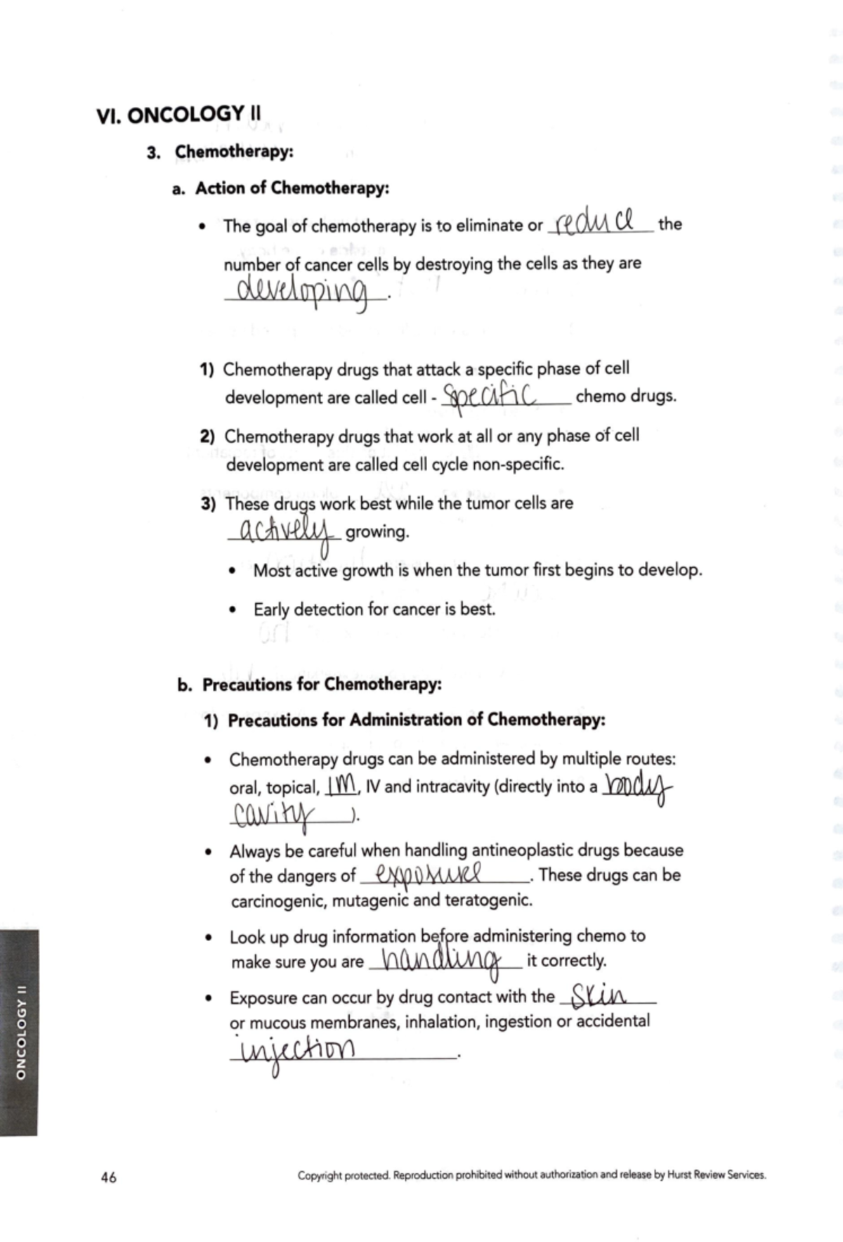 Oncology II Hurst Notes - VI. ONCOLOGY II 46 3. Chemotherapy: a. Action ...