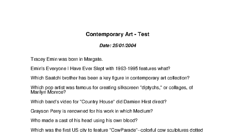 Contemporary Art Test 20: Key Figures and Works Explained - Studocu