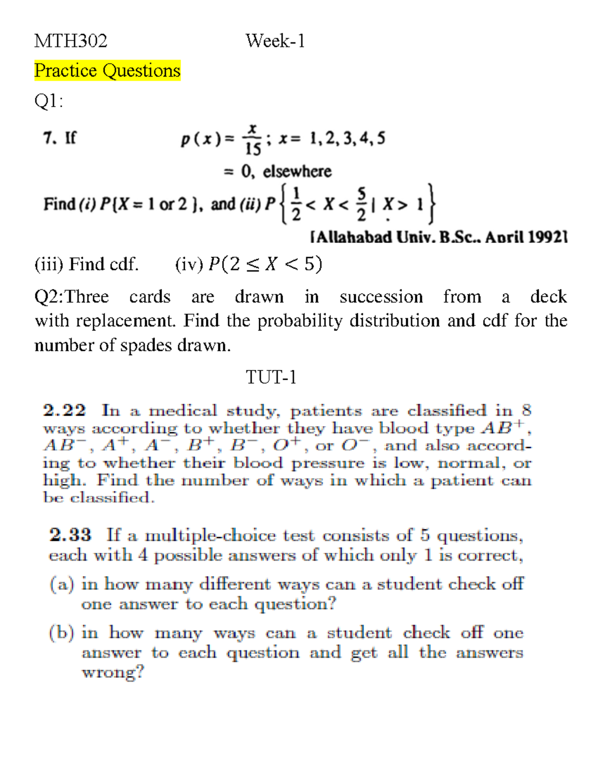 Tut1+Tut2 - problems of unit 1 and 2 - MTH302 Week- 1 Practice ...