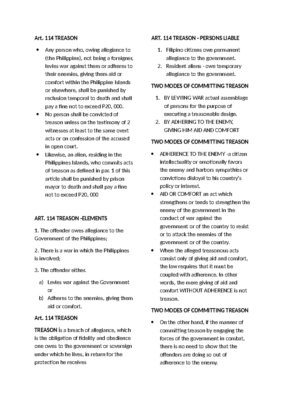 Law 2 - Art. 114 Treason & Misprision of Treason Review - Studocu