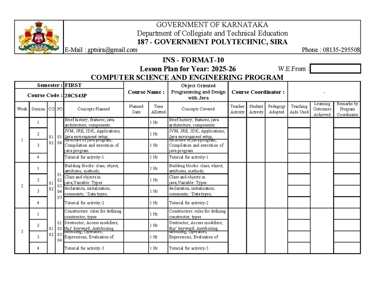 JAVA Theory Lesson Plan for 20CS43P - Computer Science Engineering ...