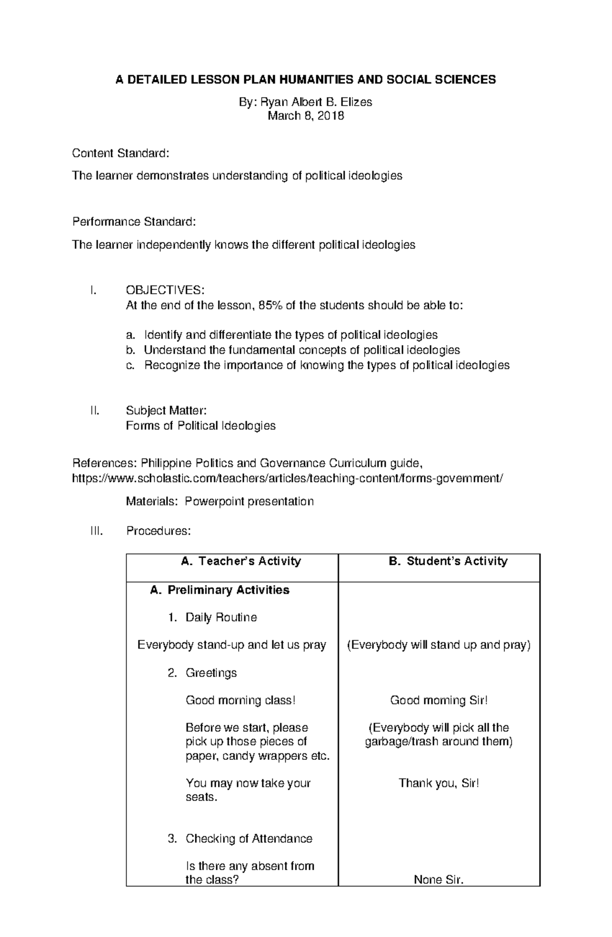 Final Lesson Plan on Political Ideologies (HUMSS 434555151) - Studocu