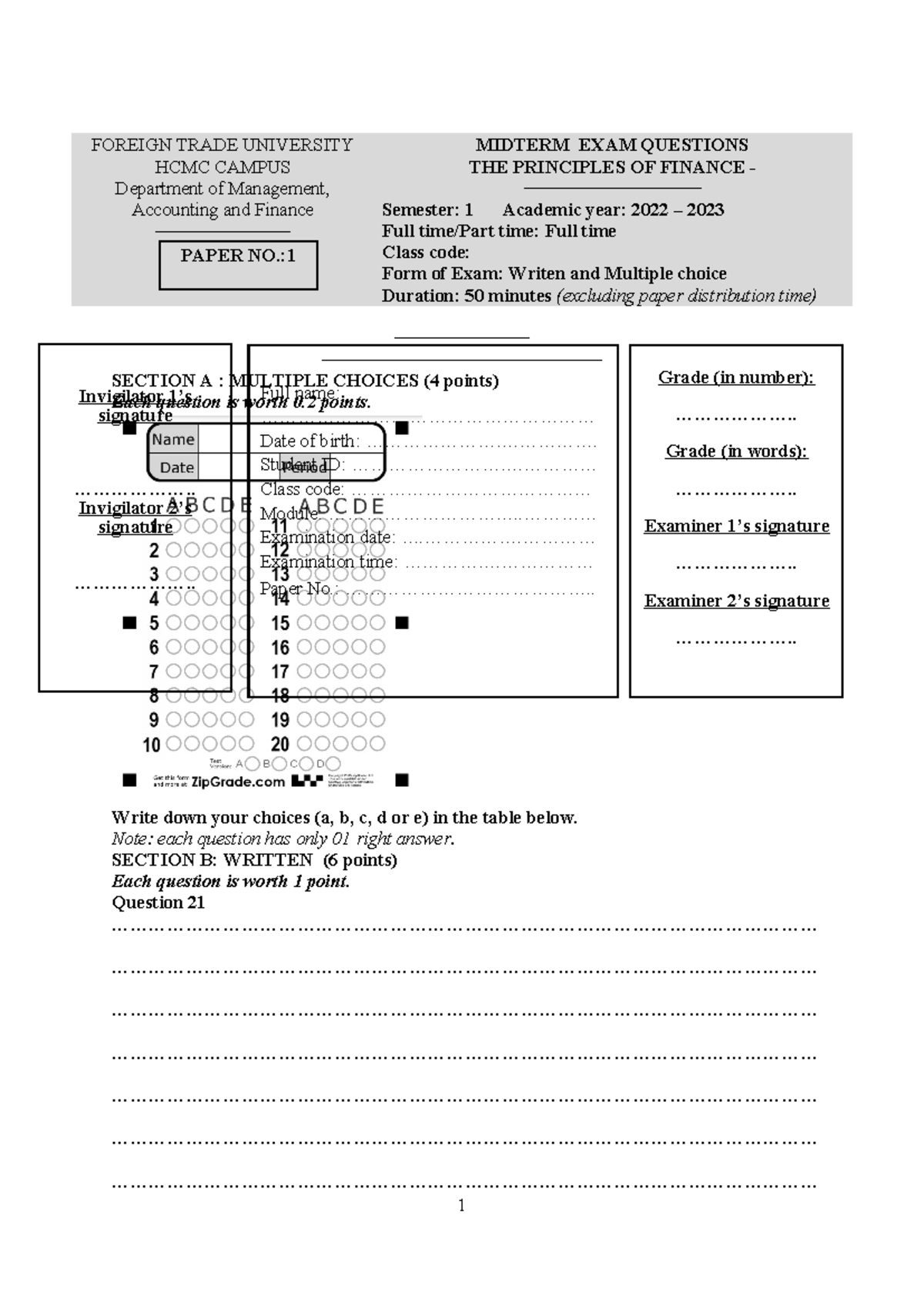 LTTC 1 Midterm Exam Questions - Principles of Finance 22-23 - Studocu