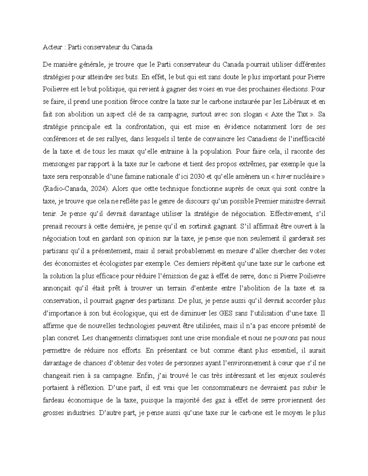 Analyse individuelle - Acteur : Parti conservateur du Canada De manière ...