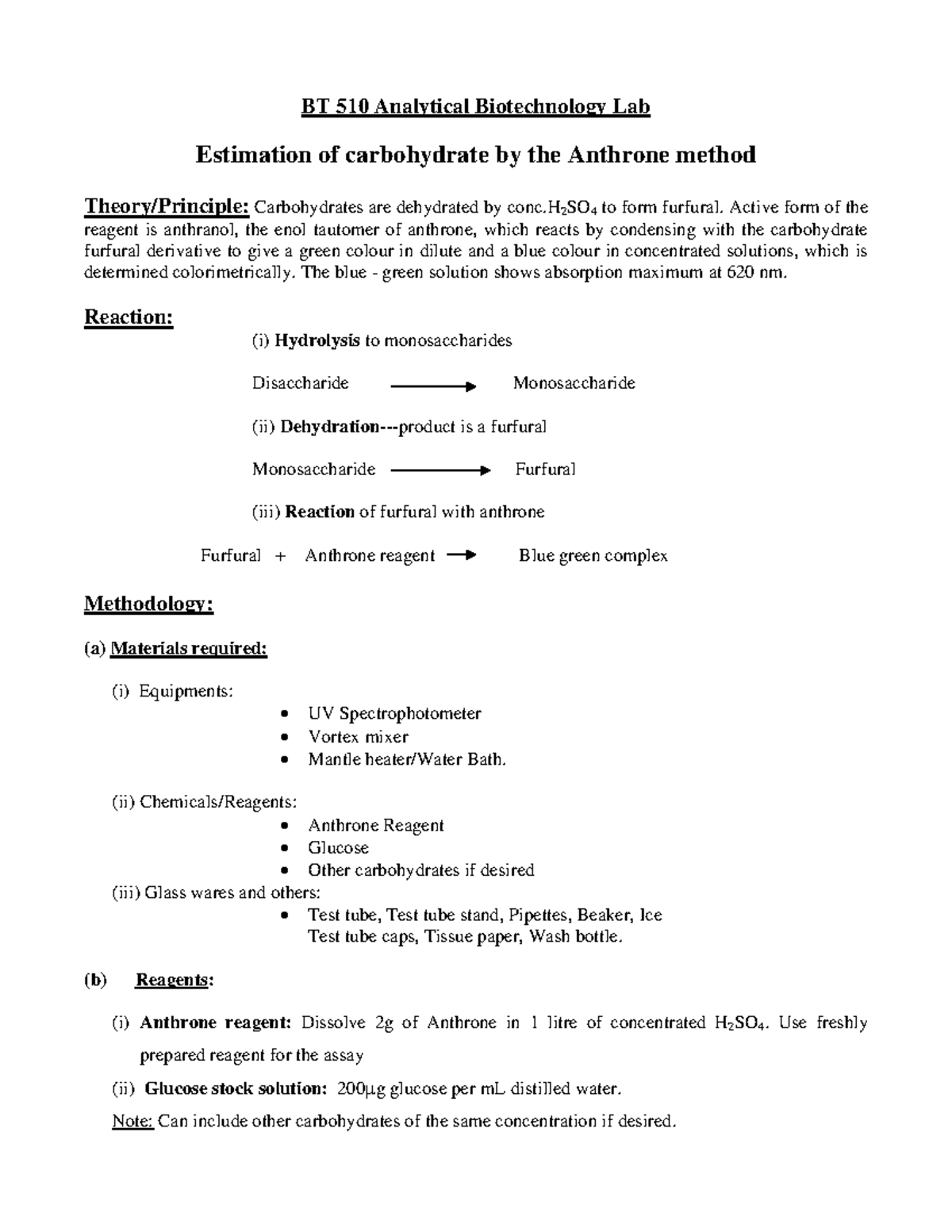 BT 510 Final Exam: Anthrone Method for Carbohydrate Estimation - Studocu