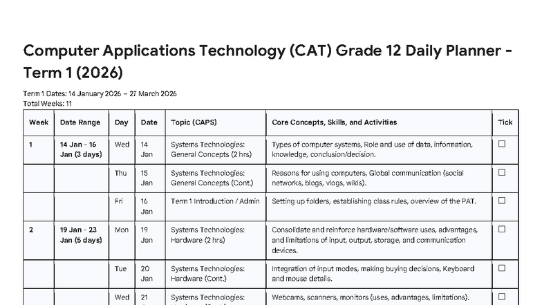 2026 Term 1 CAT Grade 12 Daily Planner and Schedule - Studocu