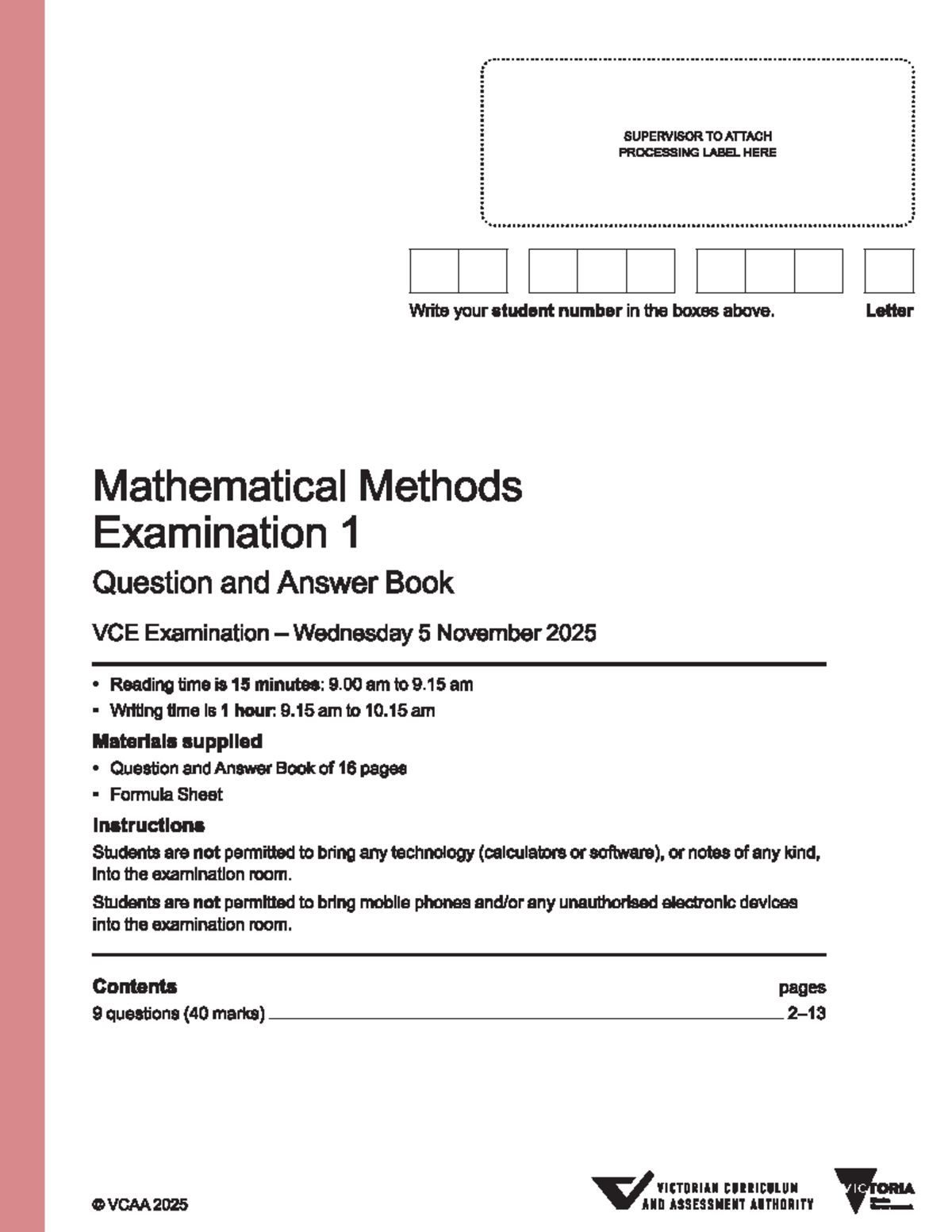 2025 VCE Mathematical Methods Exam 1 Question & Answer Book - Studocu