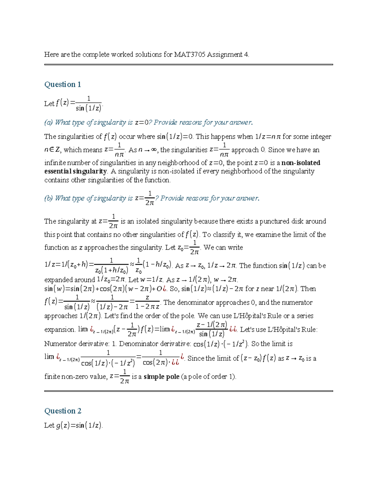 MAT3705 Assignment 4: Complete Worked Solutions on Singularities - Studocu