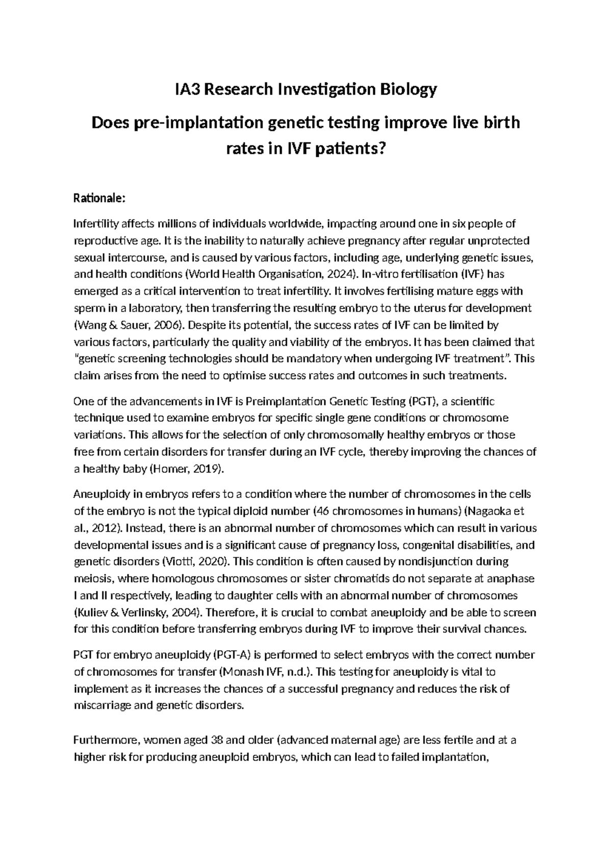 IA3 Biology Research Investigation: Impact of Genetic Testing on IVF ...