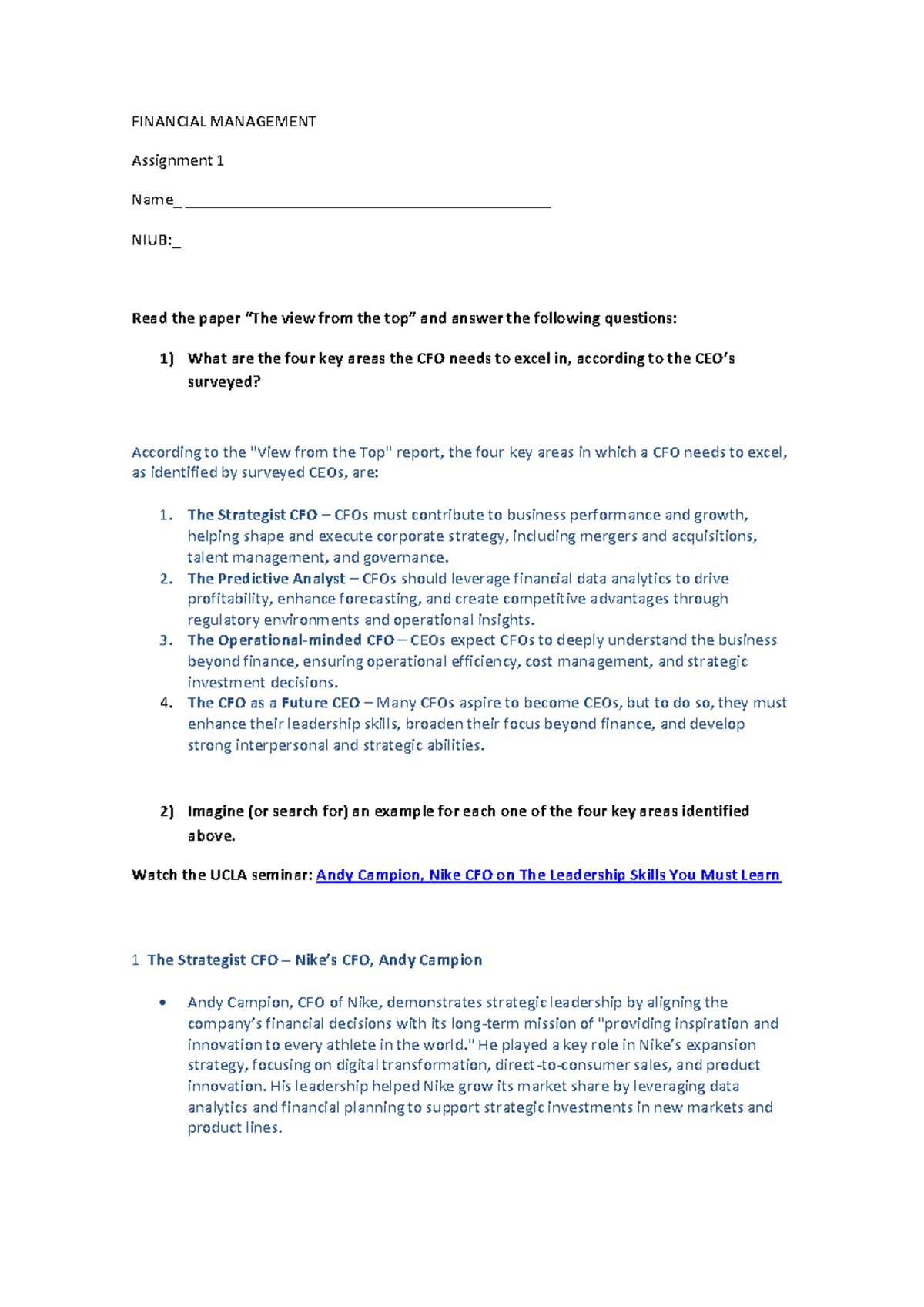 Financial Management Assignment 1: CFO Leadership Insights - Studocu