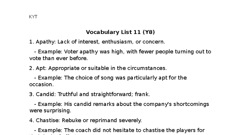 KYT Vocabulary List 11 & 12 (Y8) - Key Terms and Examples - Studocu