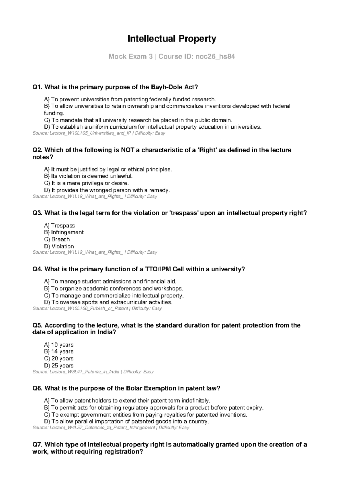 Intellectual Property Mock Exam 3 (noc26_hs84) - MCQ Questions - Studocu