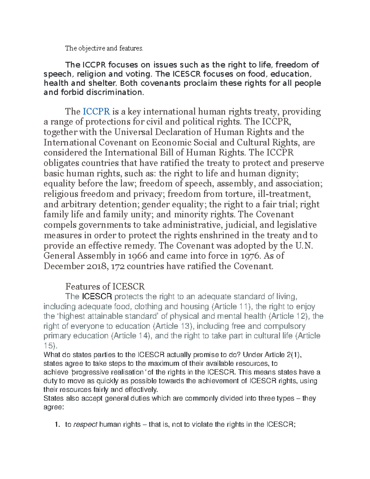 ICCPR & ICESCR: Objectives and Key Features Explained - Studocu