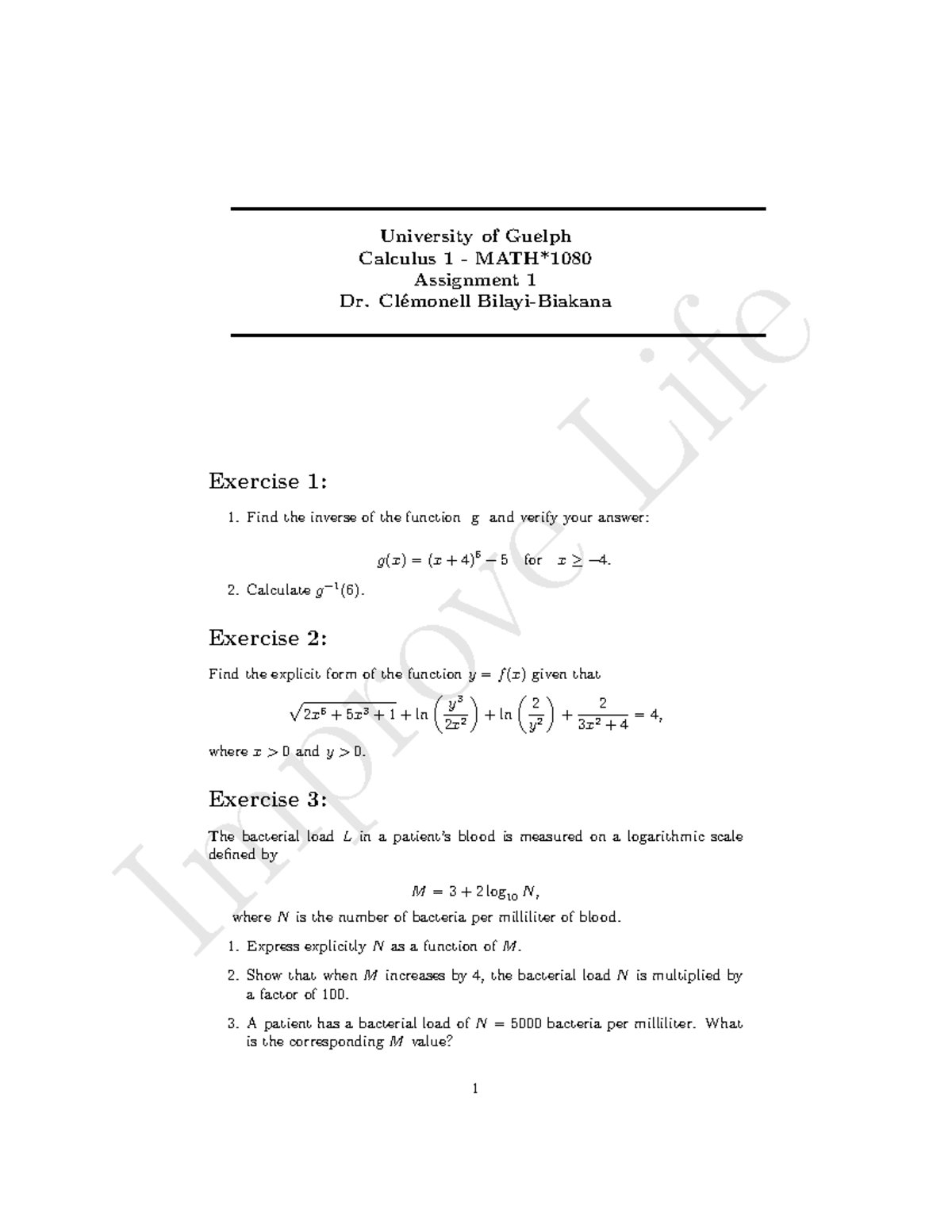 Math 1080 Calculus 1 Assignment 1: Inverse Functions & Bacterial Load ...