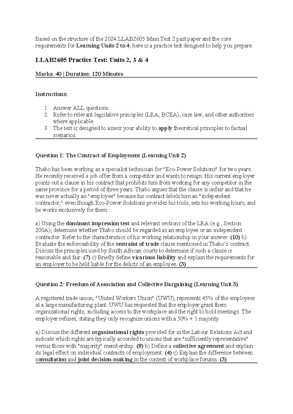 LLAB2605 Mock Test: Practice Questions for Units 2-4 Preparation - Studocu