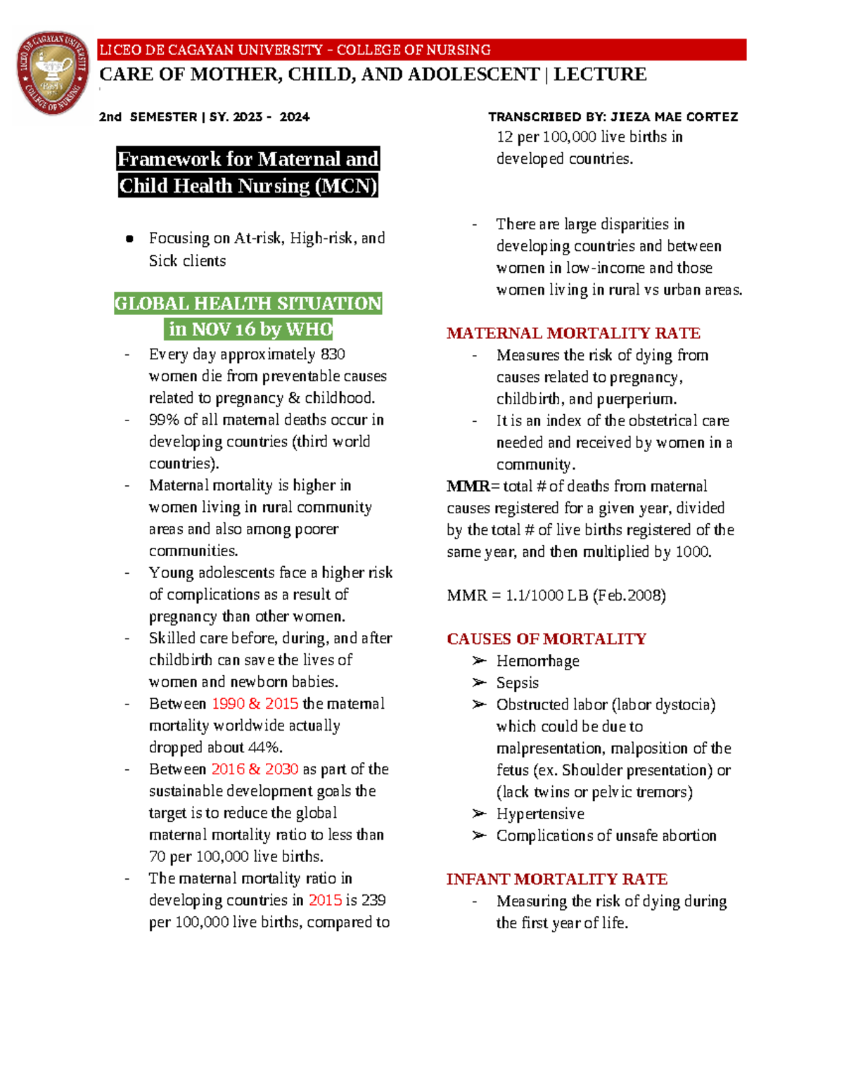 NCM 109 LEC Maternal and Child Health Nursing Prelim Notes - Studocu