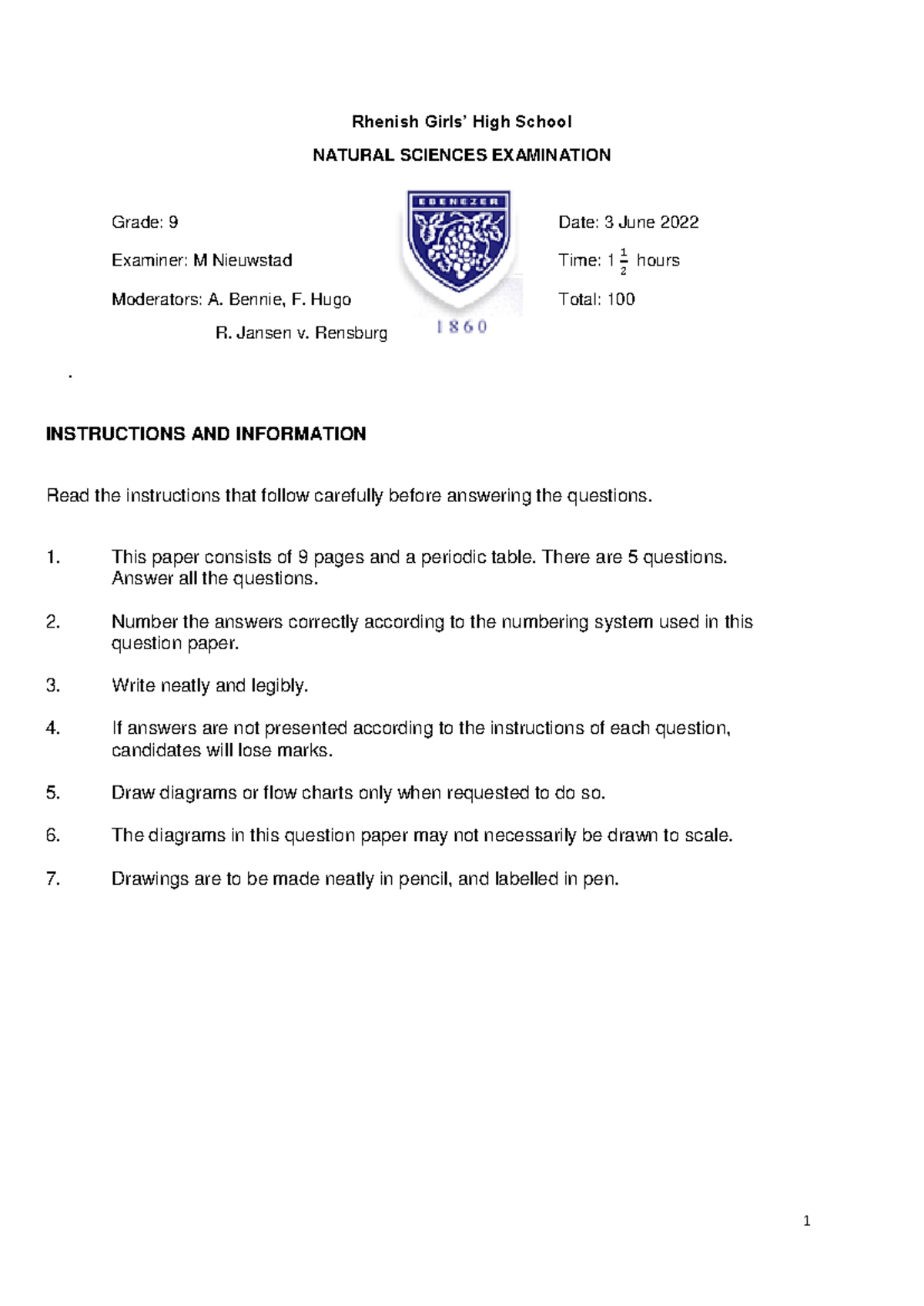 Grade 9 NS Final Exam: June 2022 Natural Science Practice Questions ...