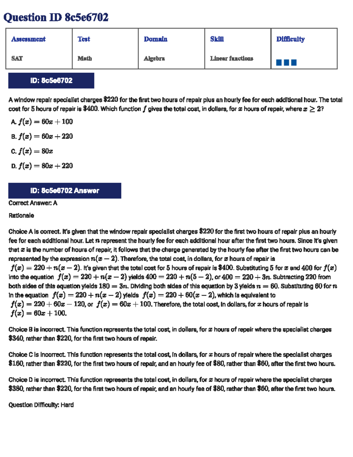 SAT Math Algebra Linear Functions Assessment Test Questions - Studocu