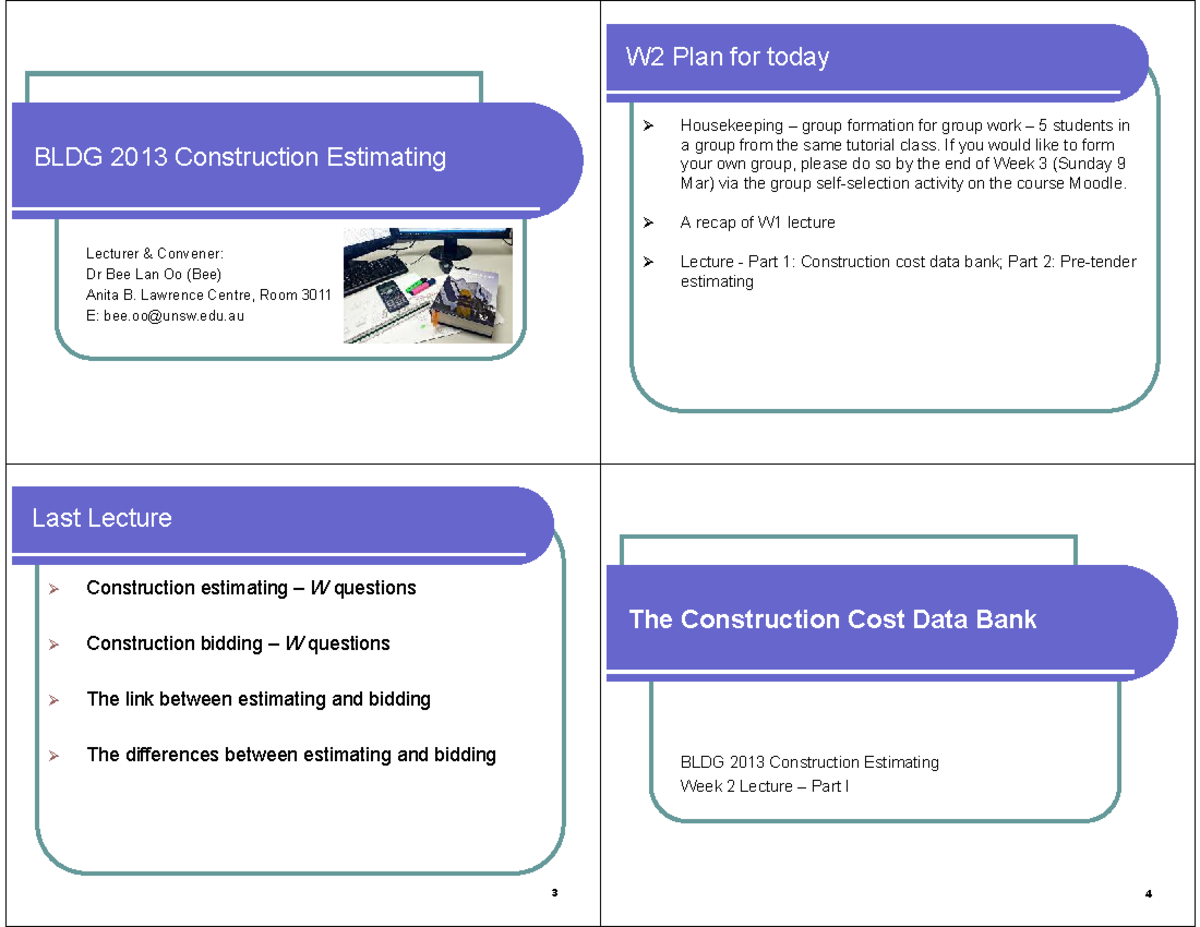W2 Lecture 2: Cost Data & Pre-Tender Estimating Insights - Studocu