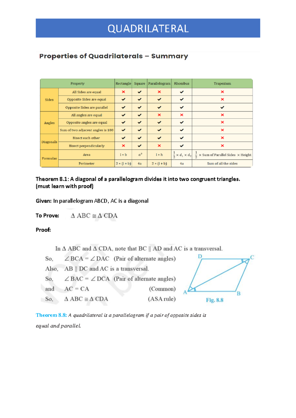 Class 9 Quadrilateral Theorems: Key Concepts & Proofs - Studocu