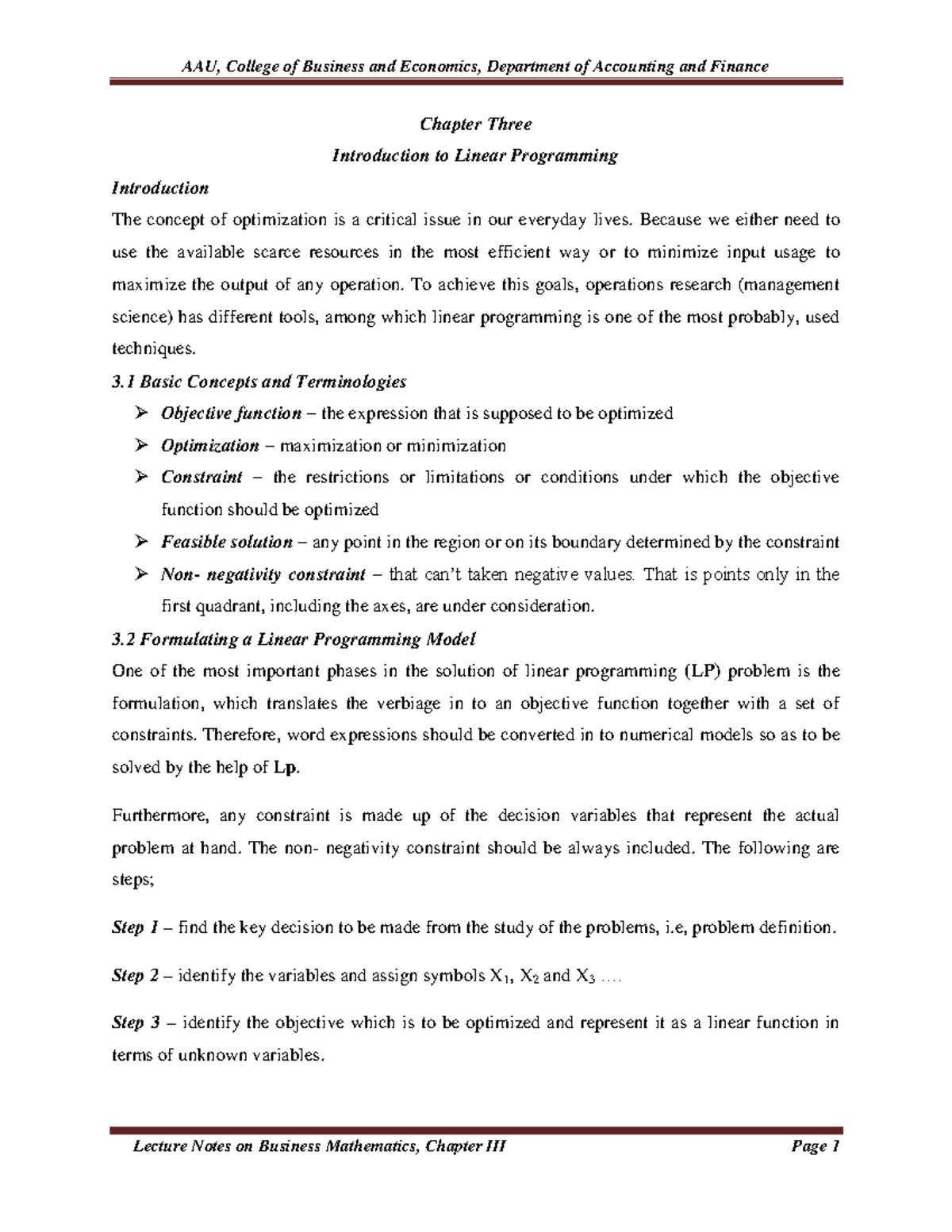 AAU Business Math Lecture Notes: Chapter 3 - Intro to Linear ...