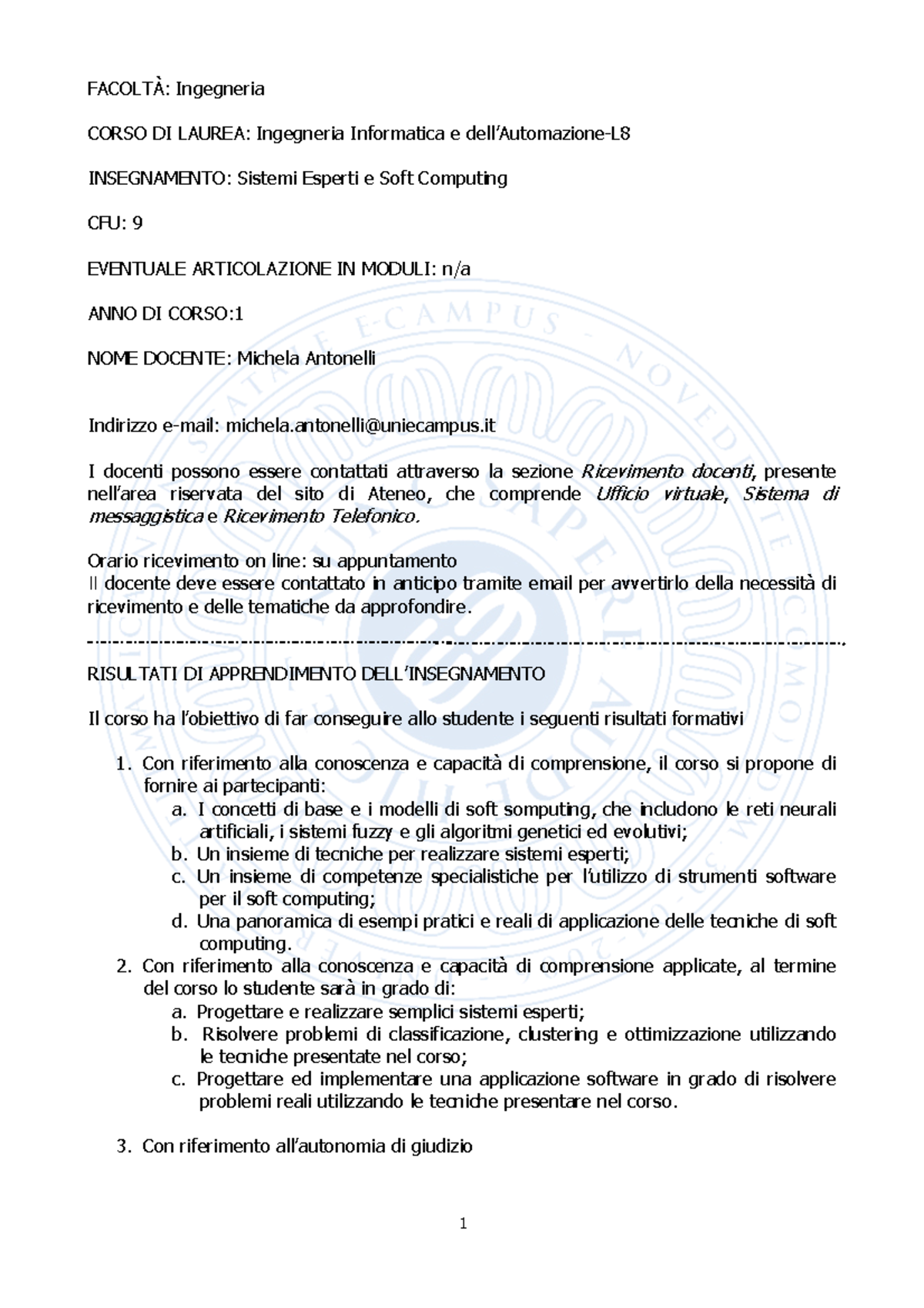 Sistemi Esperti e Soft Computing - Corso di Prof. Antonelli Michela - Studocu