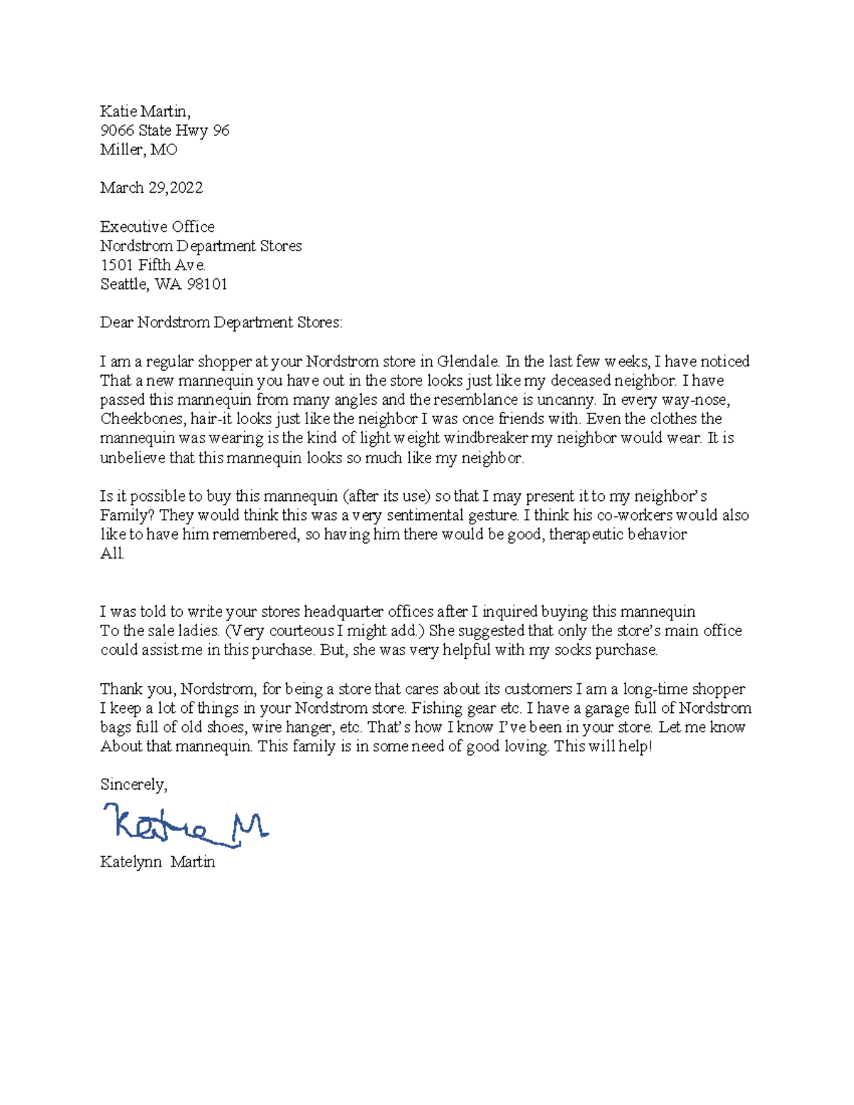 Business Letter to Nordstrom Regarding Mannequin Purchase Request - Studocu