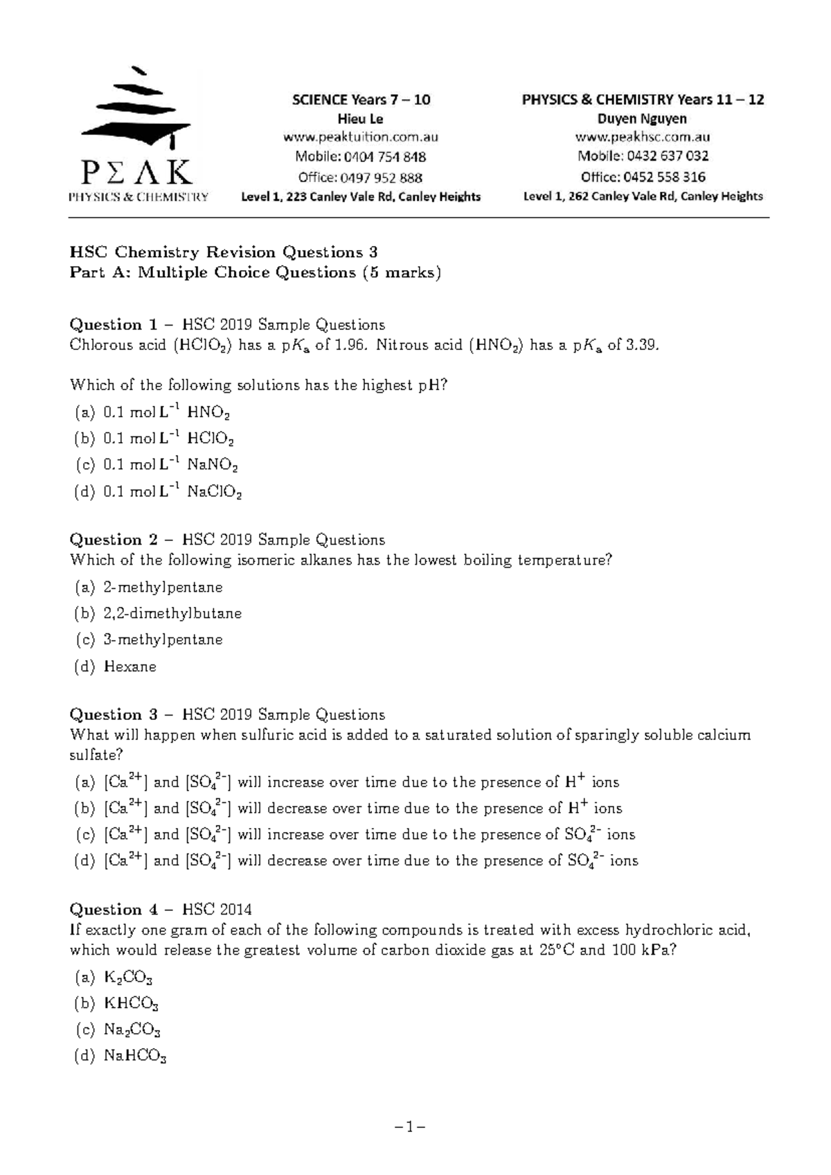 HSC Chemistry Revision Questions 3: Multiple Choice & Short Answers ...