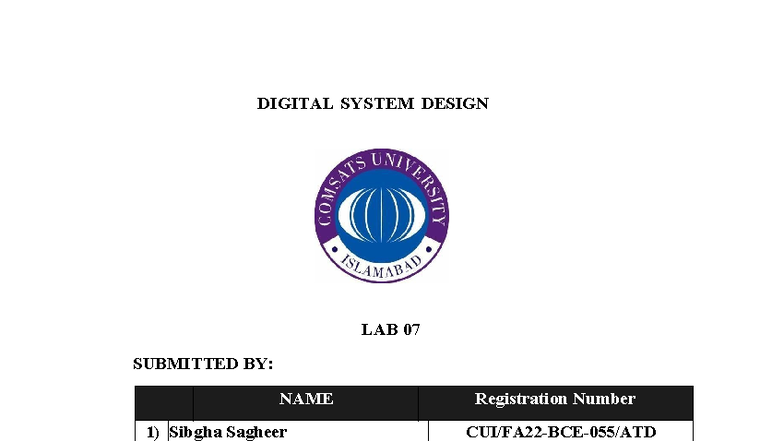 DIGITAL SYSTEM DESIGN LAB 07 - Assignment Report - Studocu