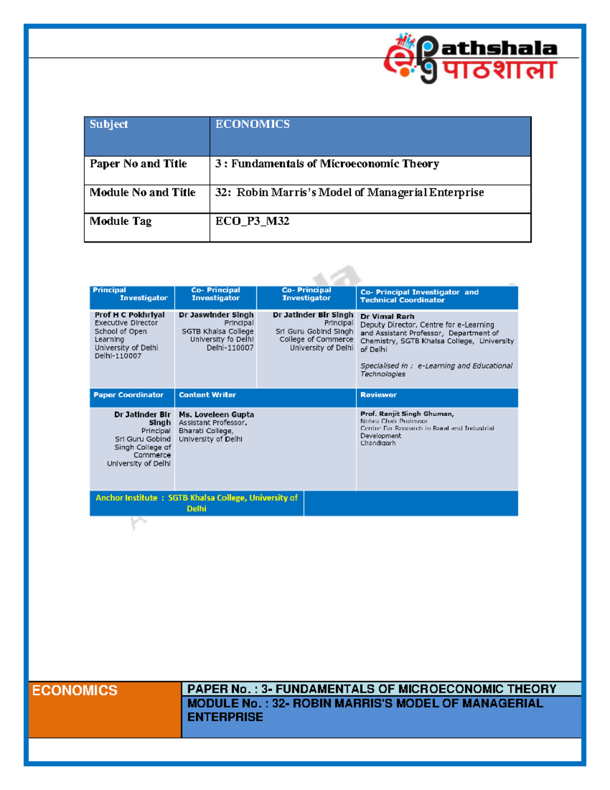 Fundamentals of Microeconomic Theory Module No and Title 32: Robin ...