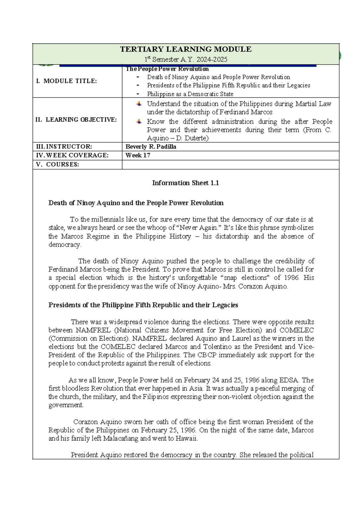 GE112-Week17 - Lectures - TERTIARY LEARNING MODULE 1 st Semester A ...