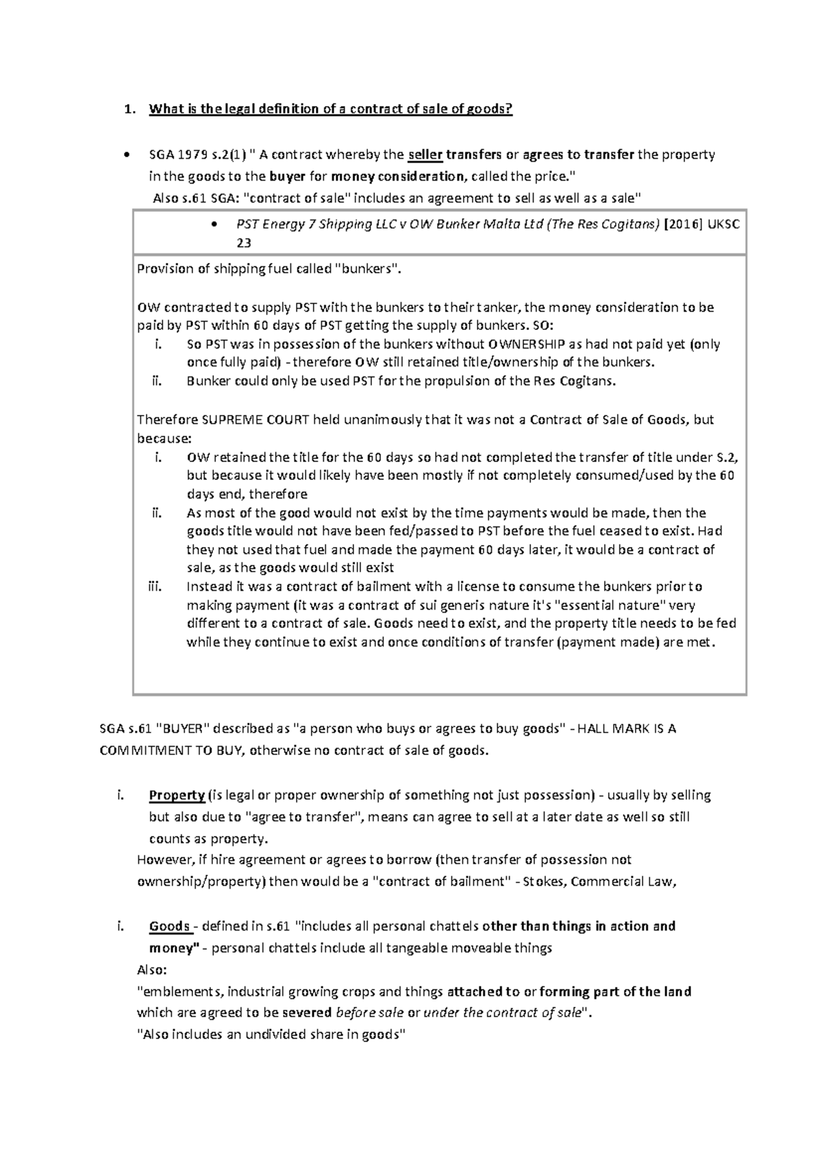 Sale of Goods Contract Analysis: SGA 1979 & Case Law Insights - Studocu