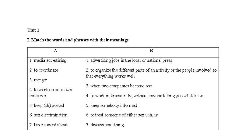 Unit 1 - Vocabulary Matching Exercise on Advertising and Communication ...