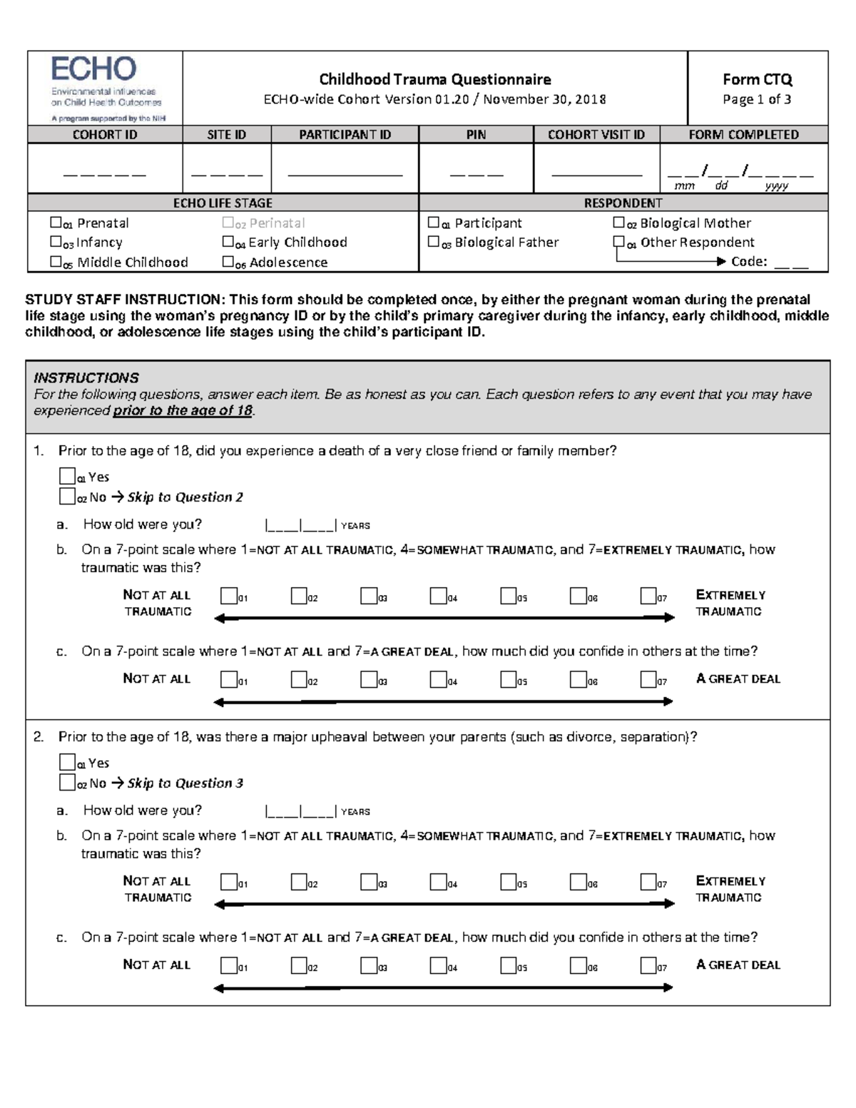 CTQ Childhood Trauma Questionnaire Form v01.20 - 2018 - Studocu