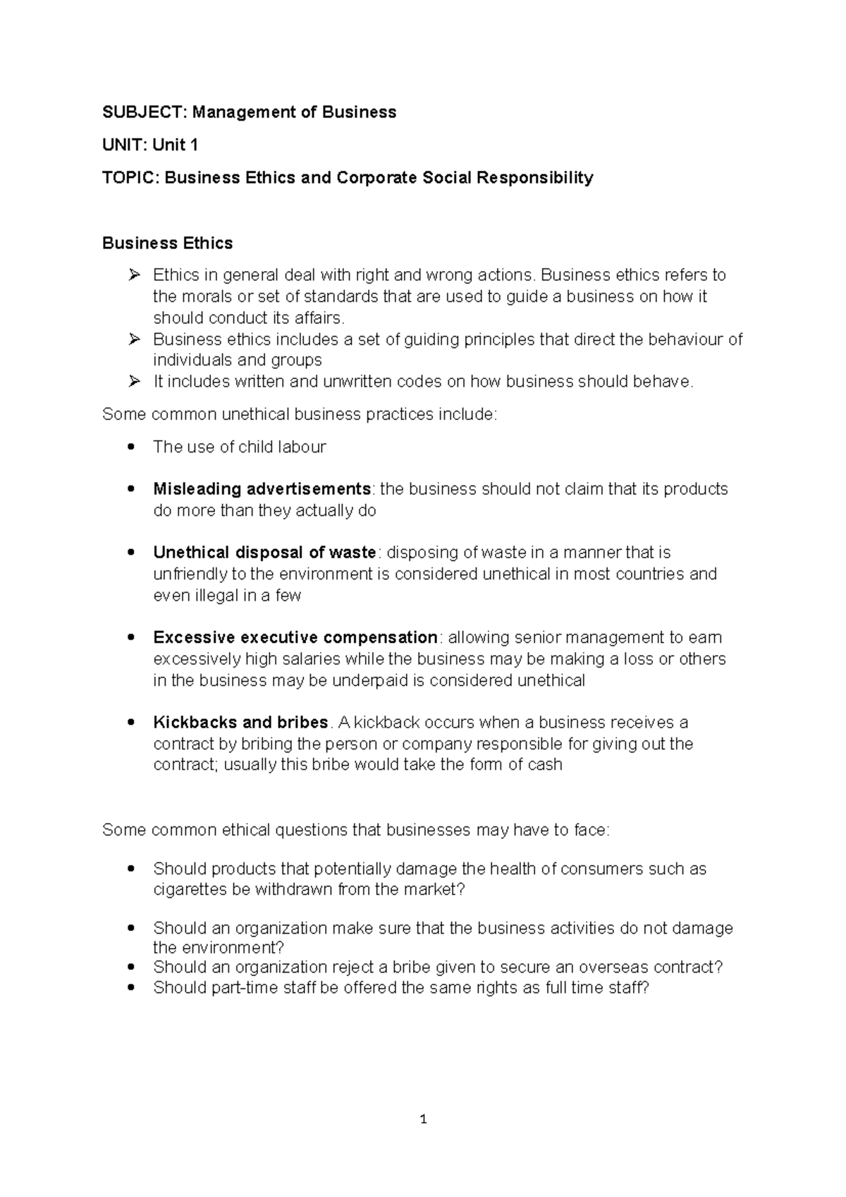 Business Ethics & CSR Overview (Unit 1) - Studocu