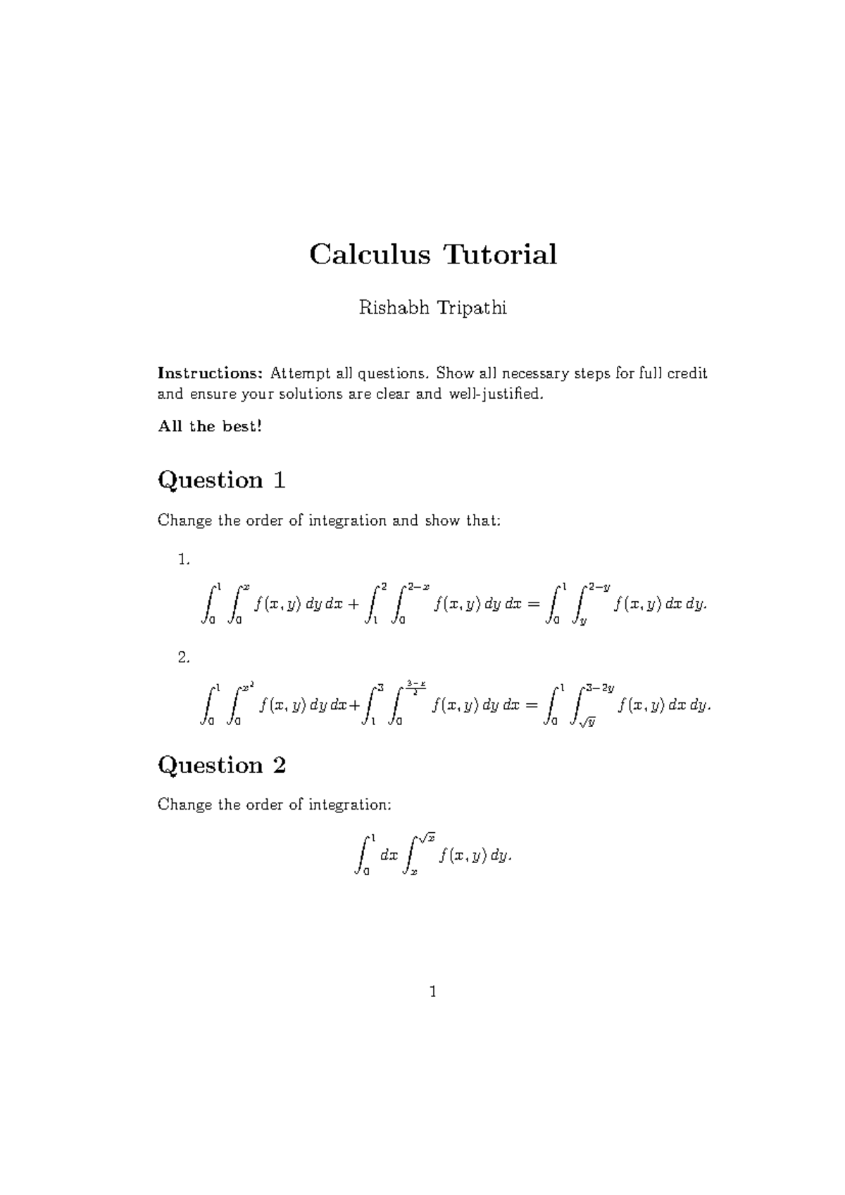 Calculus Assignment: Double Integrals Tutorial (MATH 101) - Studocu