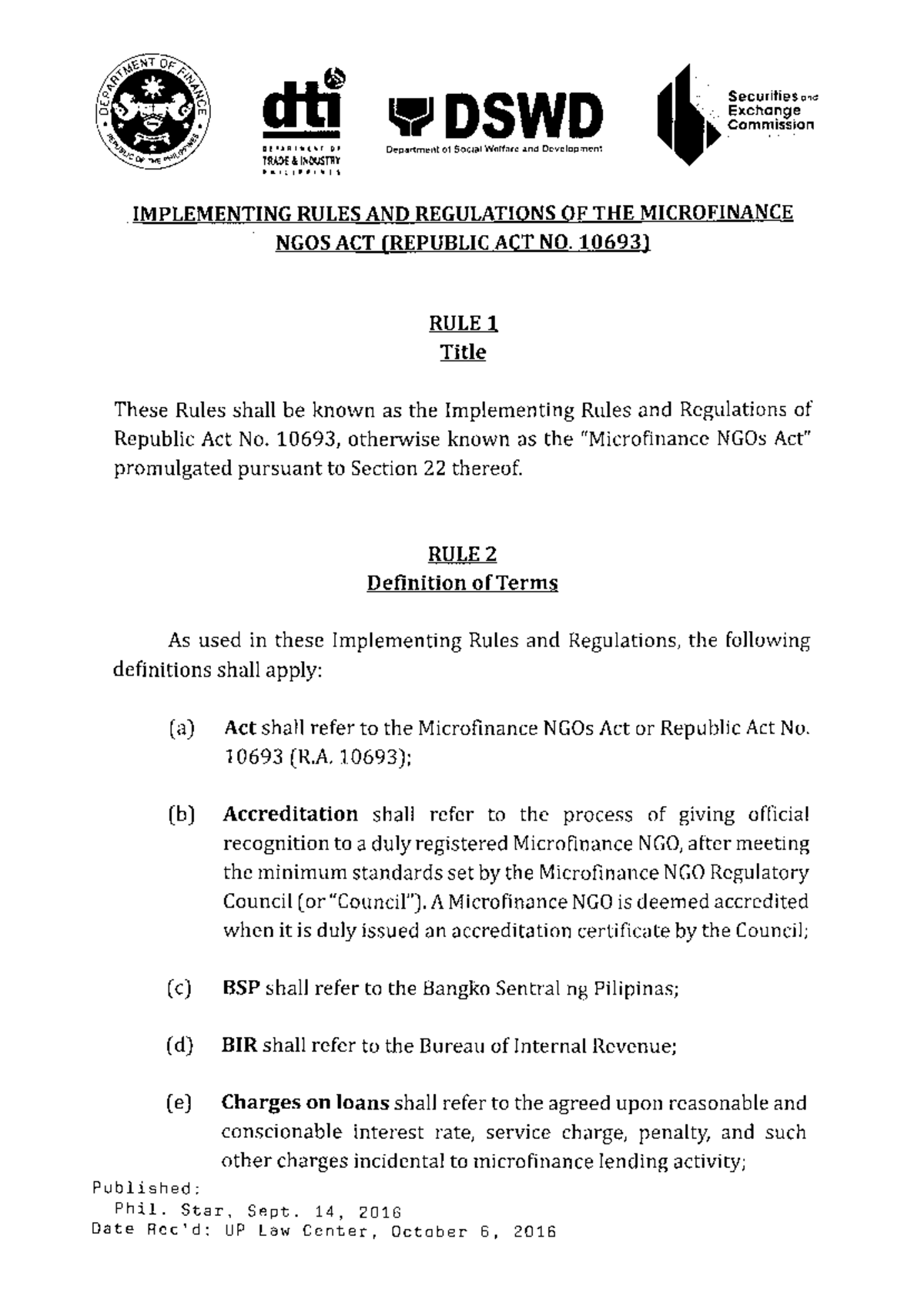 Implementing Rules & Regulations of Microfinance NGOs Act (RA 10693 ...