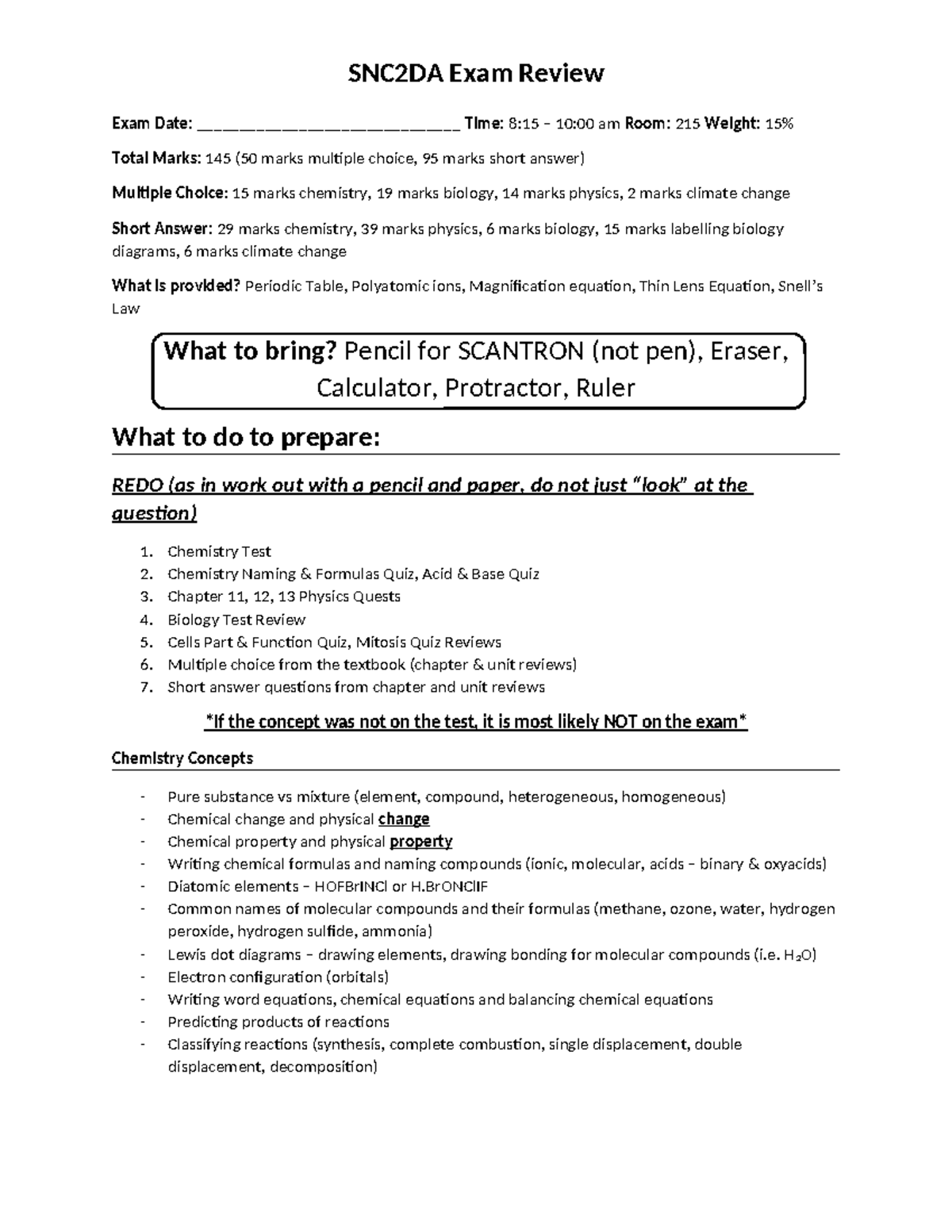 SNC2DA Final Exam Review: Chemistry, Biology & Physics Topics - Studocu