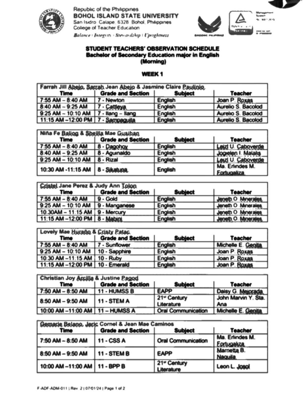 BSED English Student Observation Schedule - Week 1 - Studocu