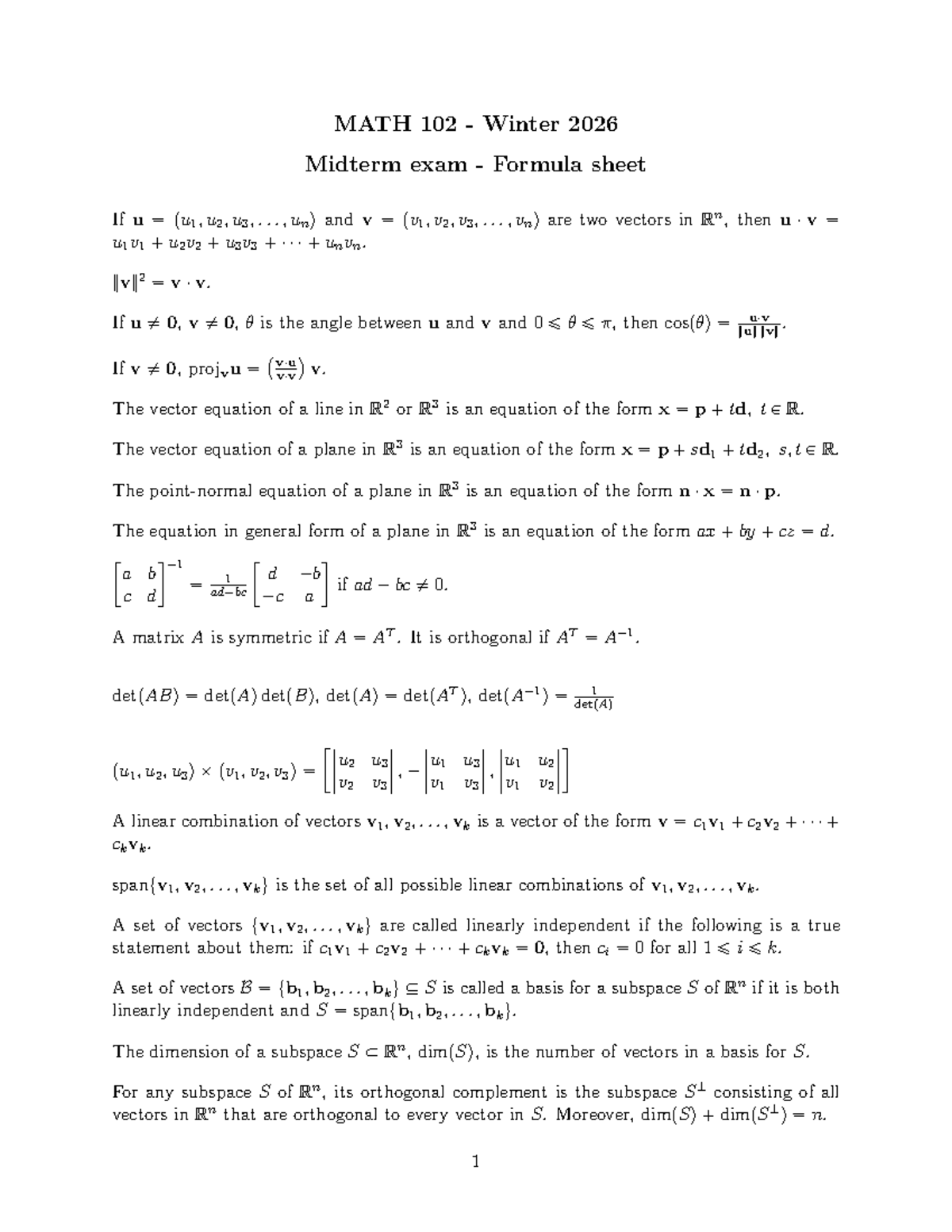 MATH 102 Winter 2026 Midterm Exam Formula Sheet - Studocu
