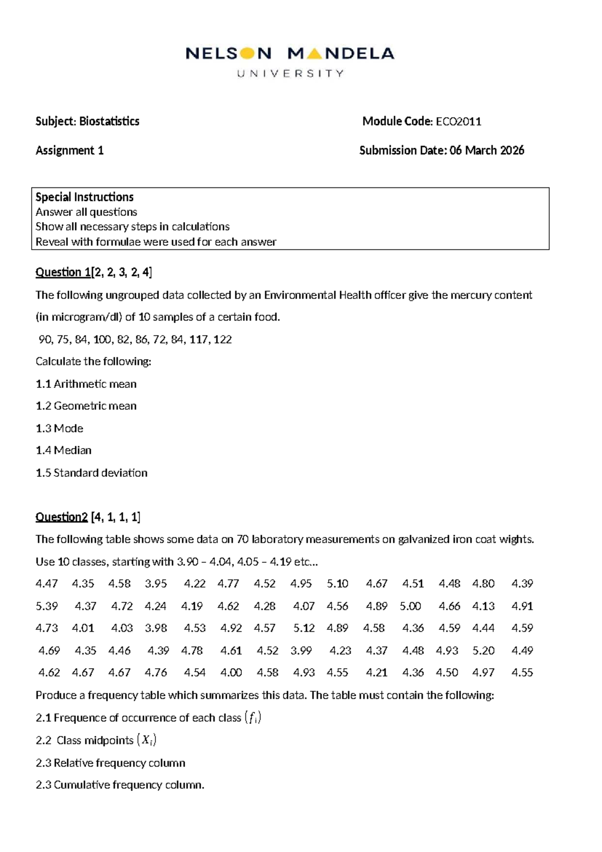 Assignment 1: Biostatistics ECO2011 - Data Analysis & Calculations ...