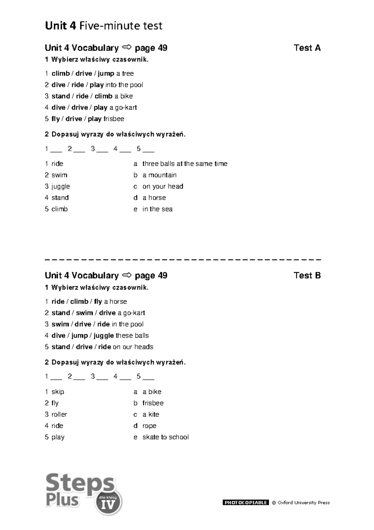 Unit 4 Vocabulary & Grammar Five-Minute Test - Steps Plus4 - Studocu