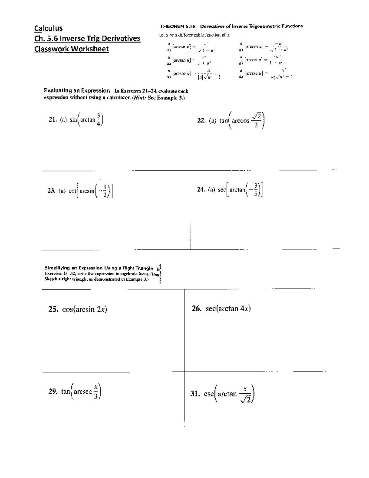 Inverse Trigonometric Functions Worksheet 1 & Answer Key 2020 - Studocu