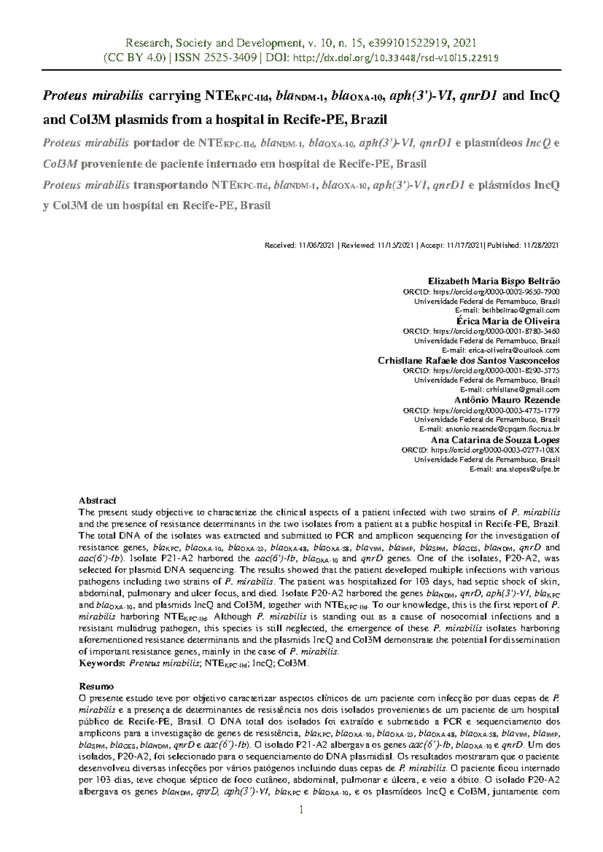 Proteus mirabilis Resistance Study: qnrD1 and Plasmids IncQ/Col3M (CC 4 ...