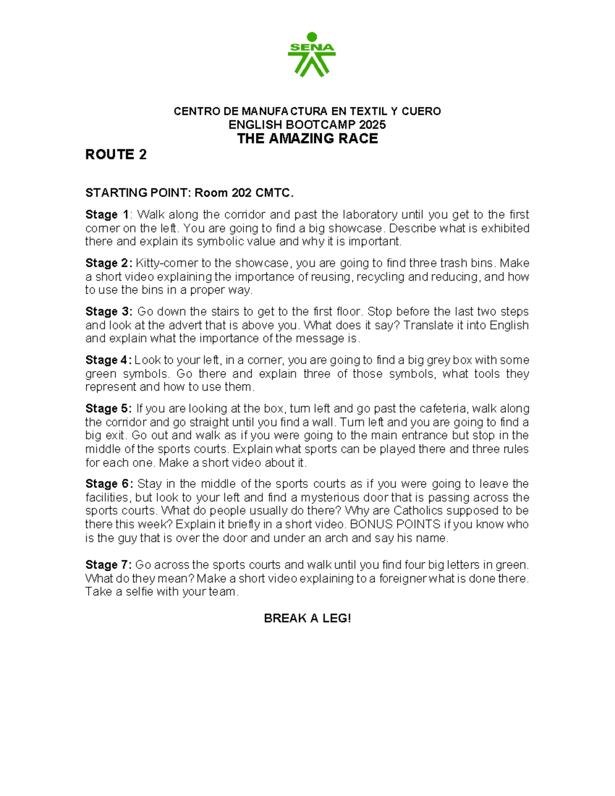 THE Amazing RACE 2 - English Bootcamp 2025 Activities Guide - Studocu