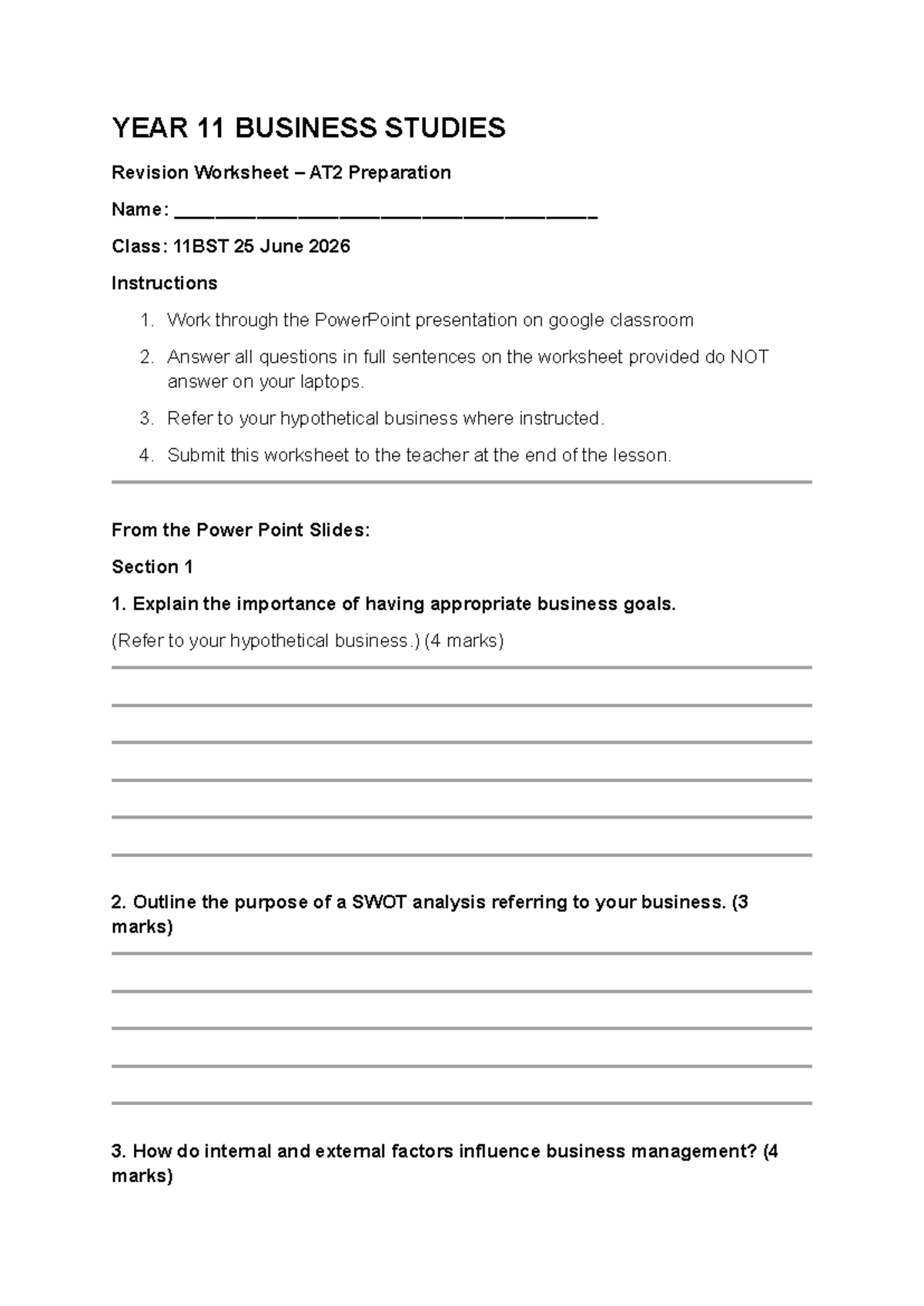 YEAR 11 Business Studies AT2 Revision Worksheet Guide - Studocu