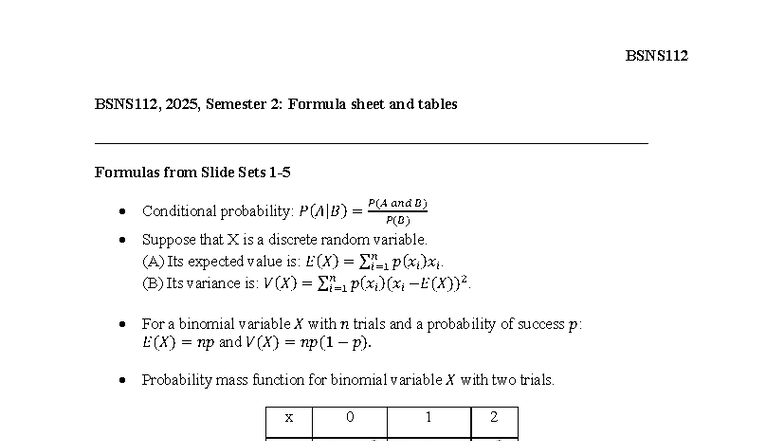 BSNS112 Semester 2, 2025: Probability & Statistics Formula Sheet - Studocu